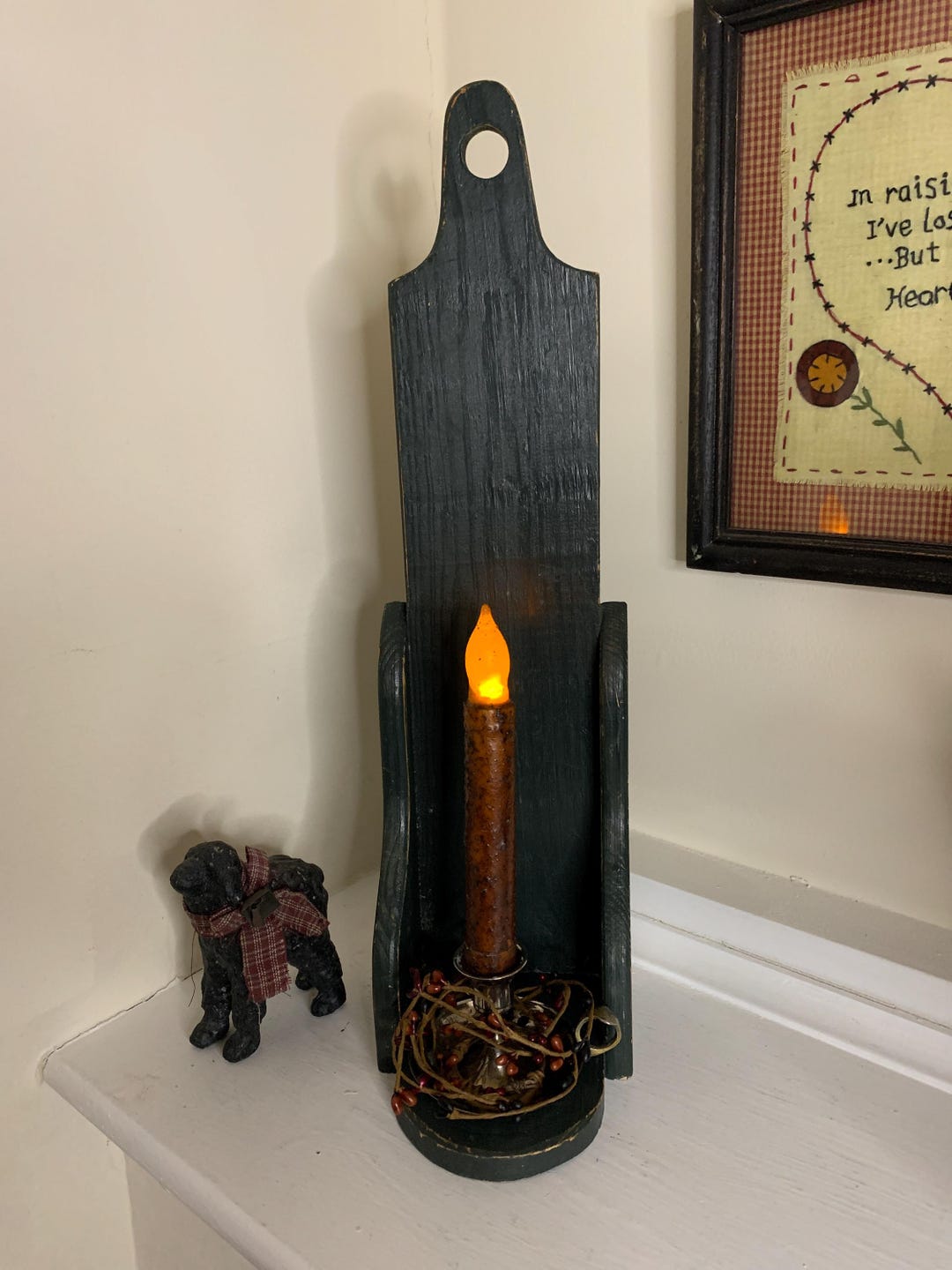 Primitive Wood Sconce,- Silver Chamberstick, Berry Wreath, 17" Wall ...