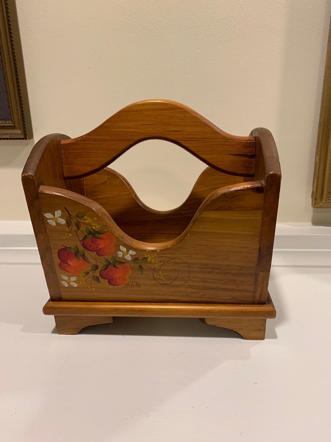 Wood Caddy, 8 1/4 Vintage Wood Caddy With Strawberry Design, Small Wood ...