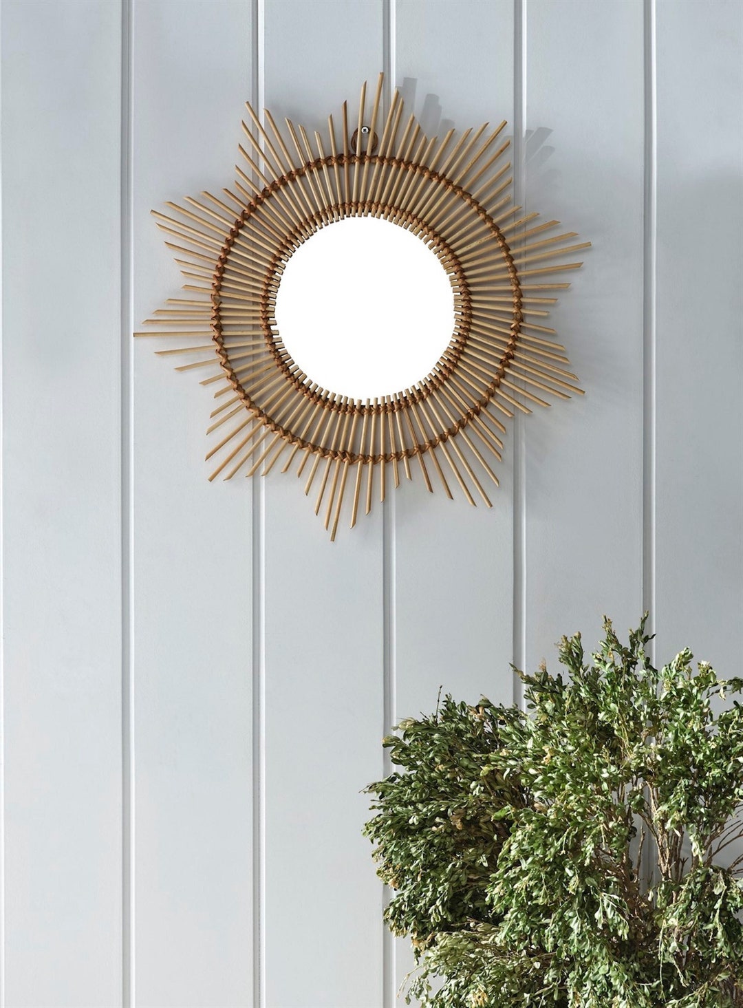 Boho Wooden Mirror Wall Decor Circle Round Mirrors Decorative Sunbeam ...