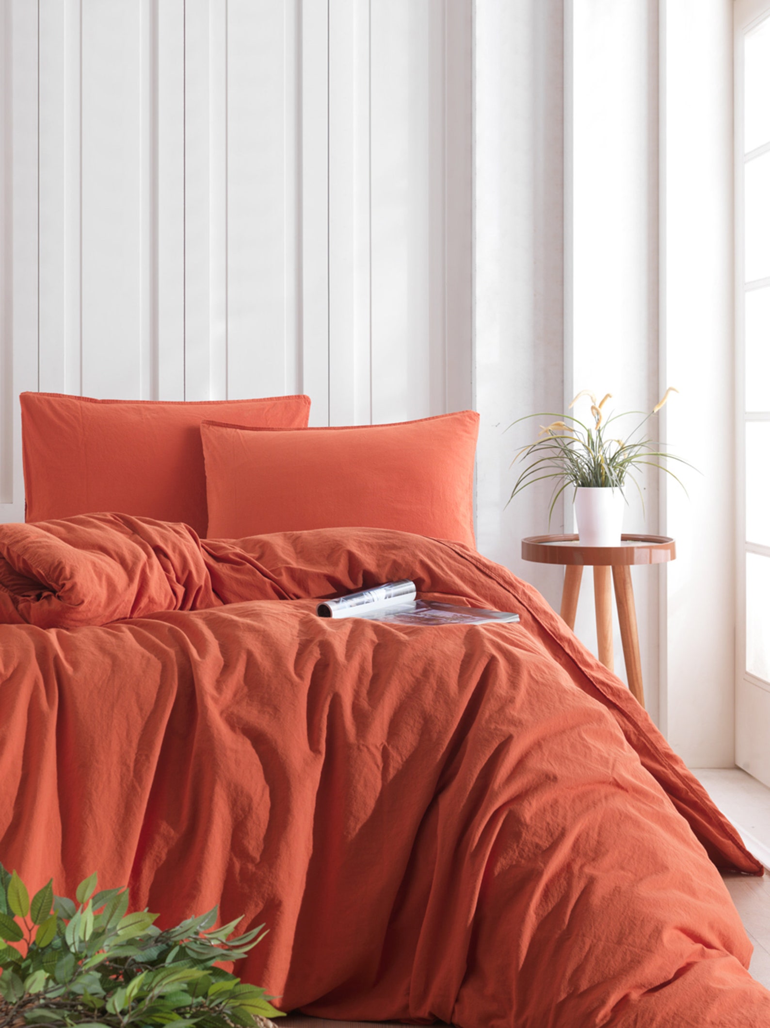 Burnt Orange Bedding Set 3 Pcs: 1 Duvet + 2 Pillow Cases, Stone Washed ...