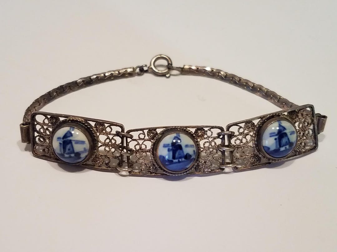 Vintage Delft Porcelain Bracelet: Hand Painted Windmills, Silver ...