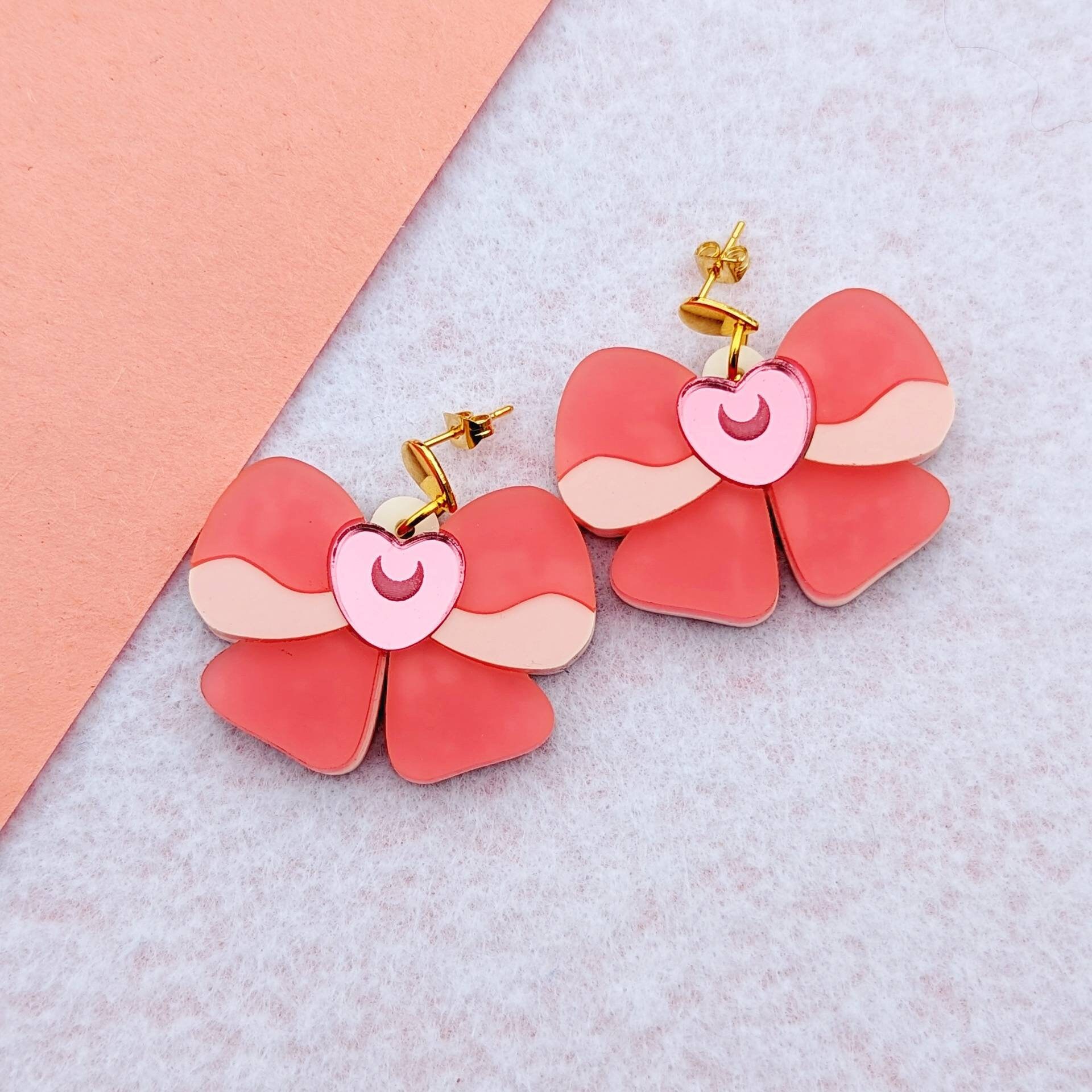 Chibi Moon Bow Earrings, Heart Ribbon Shiny Pink Acrylic, Colorful ...