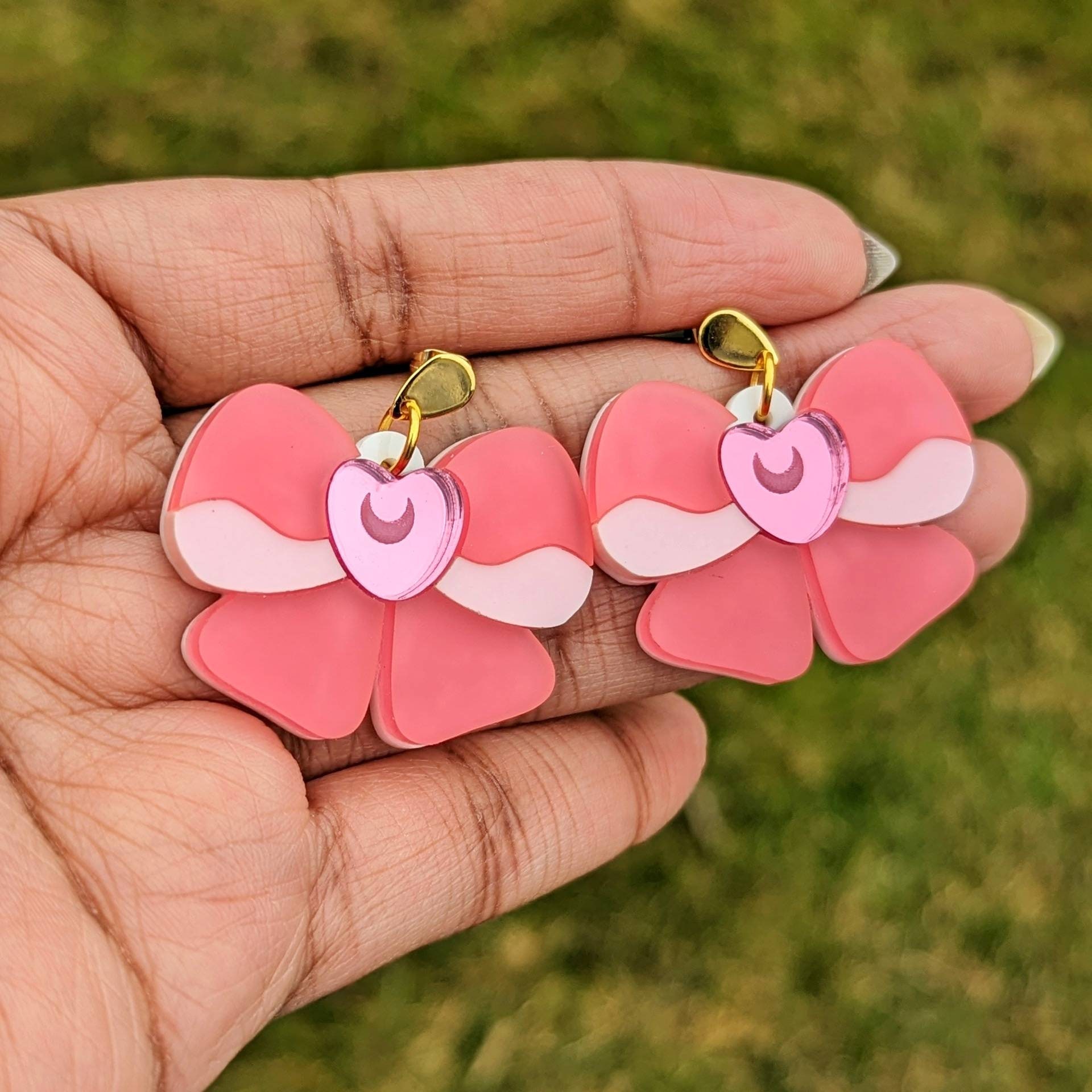 Chibi Moon Bow Earrings, Heart Ribbon Shiny Pink Acrylic, Colorful ...