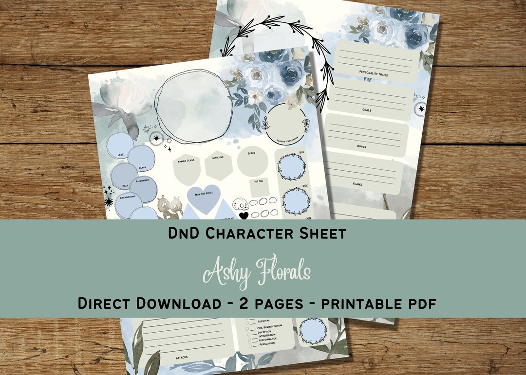 Ashy Floral - Dnd 5e Character Sheet Basic 2 Pages Direct Download ...
