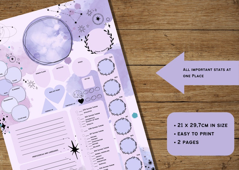Astro Lilac Dnd 5e Character Sheet Basic 2 Pages Direct - Etsy