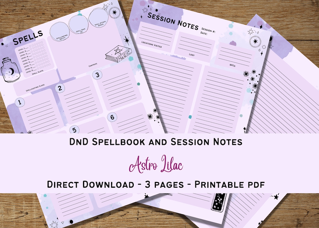 Astro Lilac - Dnd 5e Spellbook and Session Notes Basic 3 Pages Direct ...