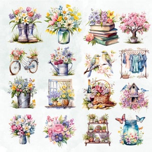 Spring Clipart PNG Bundle, Hello Spring Watercolor Boho Cottagecore Png ...