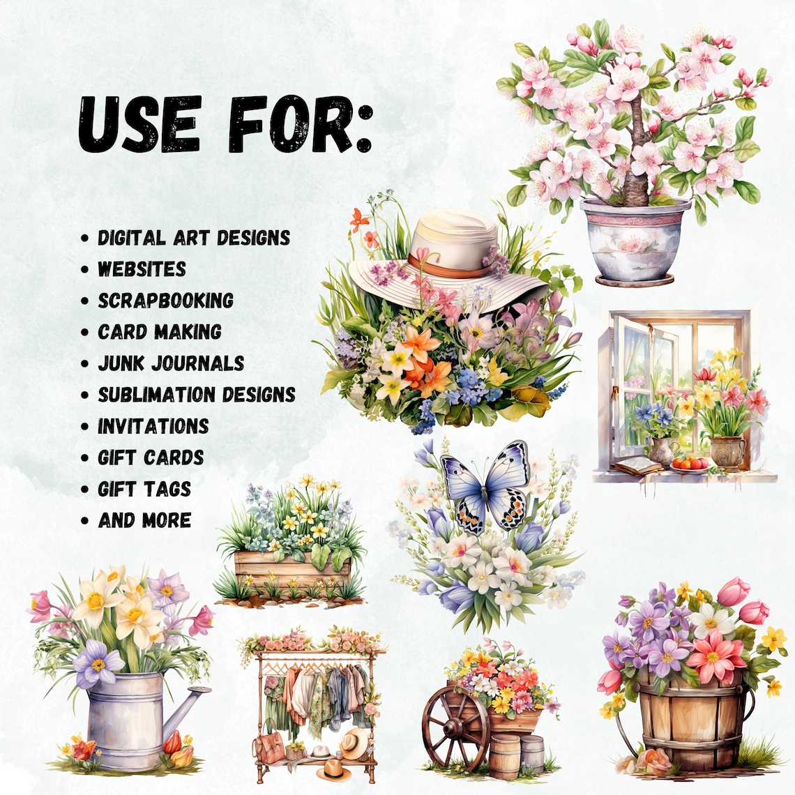 Spring Clipart PNG Bundle, Hello Spring Watercolor Boho Cottagecore Png ...