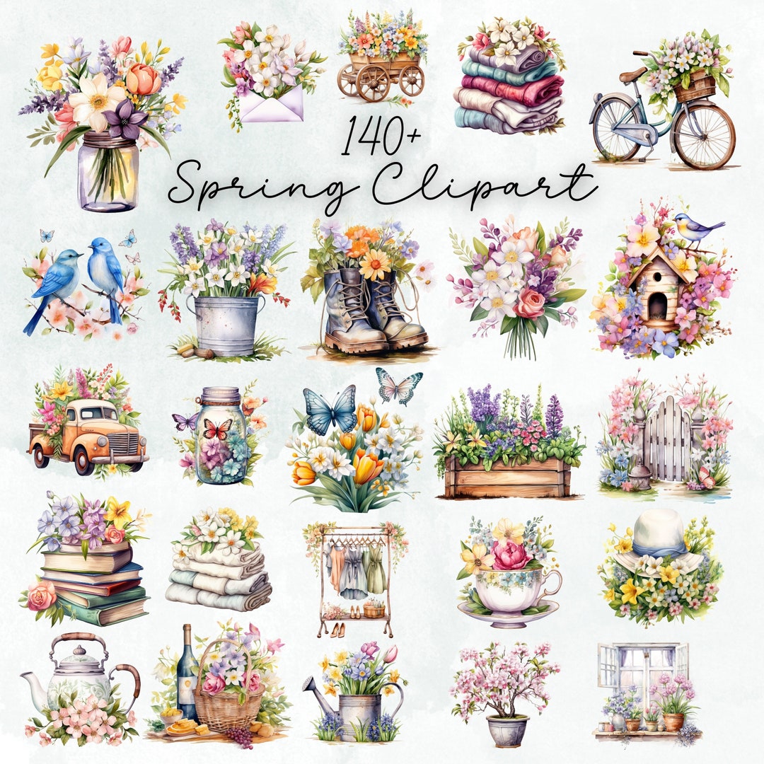 Spring Clipart PNG Bundle, Hello Spring Watercolor Boho Cottagecore Png ...