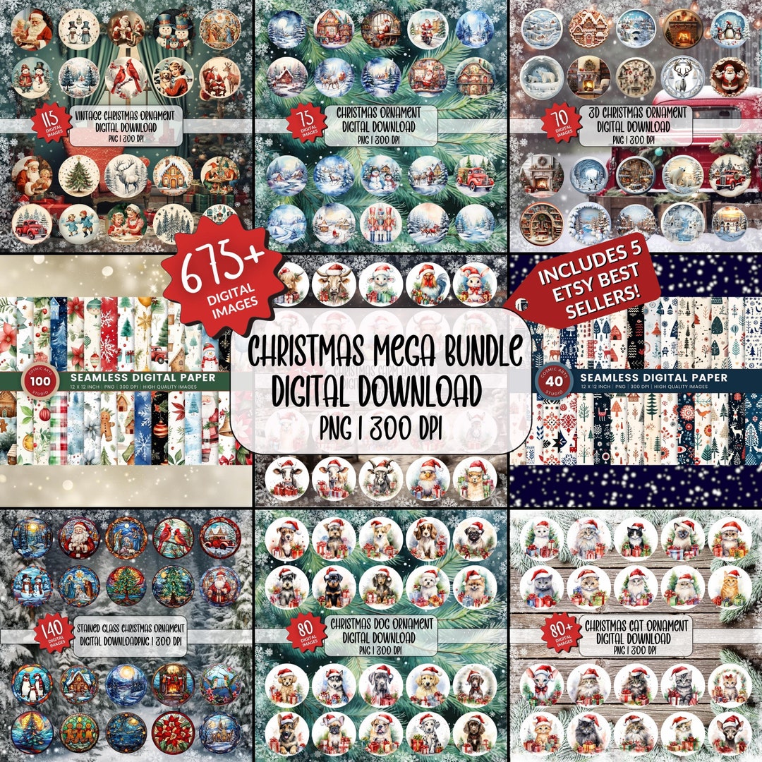 Christmas Round Ornament Bundle PNG Sublimation Designs , Vintage ...