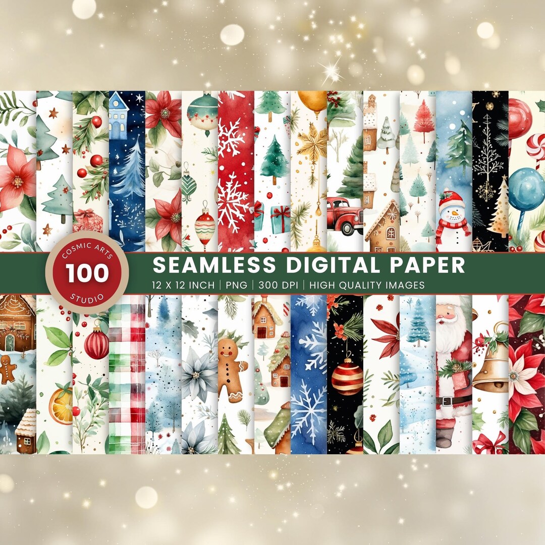 Printable Watercolor Christmas Digital Paper, Christmas Ephemera ...