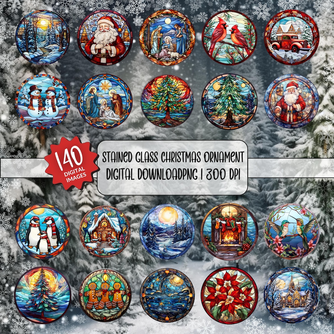 Stained Glass Christmas Ornaments, Round Ornament Bundle PNG ...