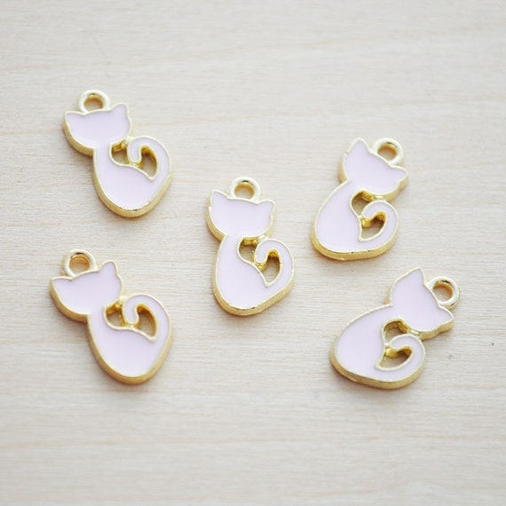 Pink Enamel Cat Charms Cat Face Charm Gold Keychain Charms | Etsy