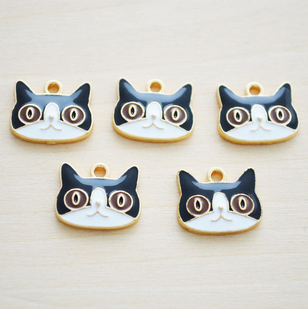 Black Enamel Cat Charms Cat Face Charm Gold Keychain - Etsy