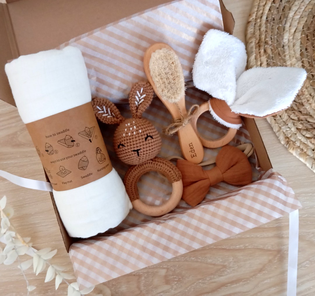 Personalized Birth Box Handmade Rabbit Rattle in Crochet Wooden Brush ...