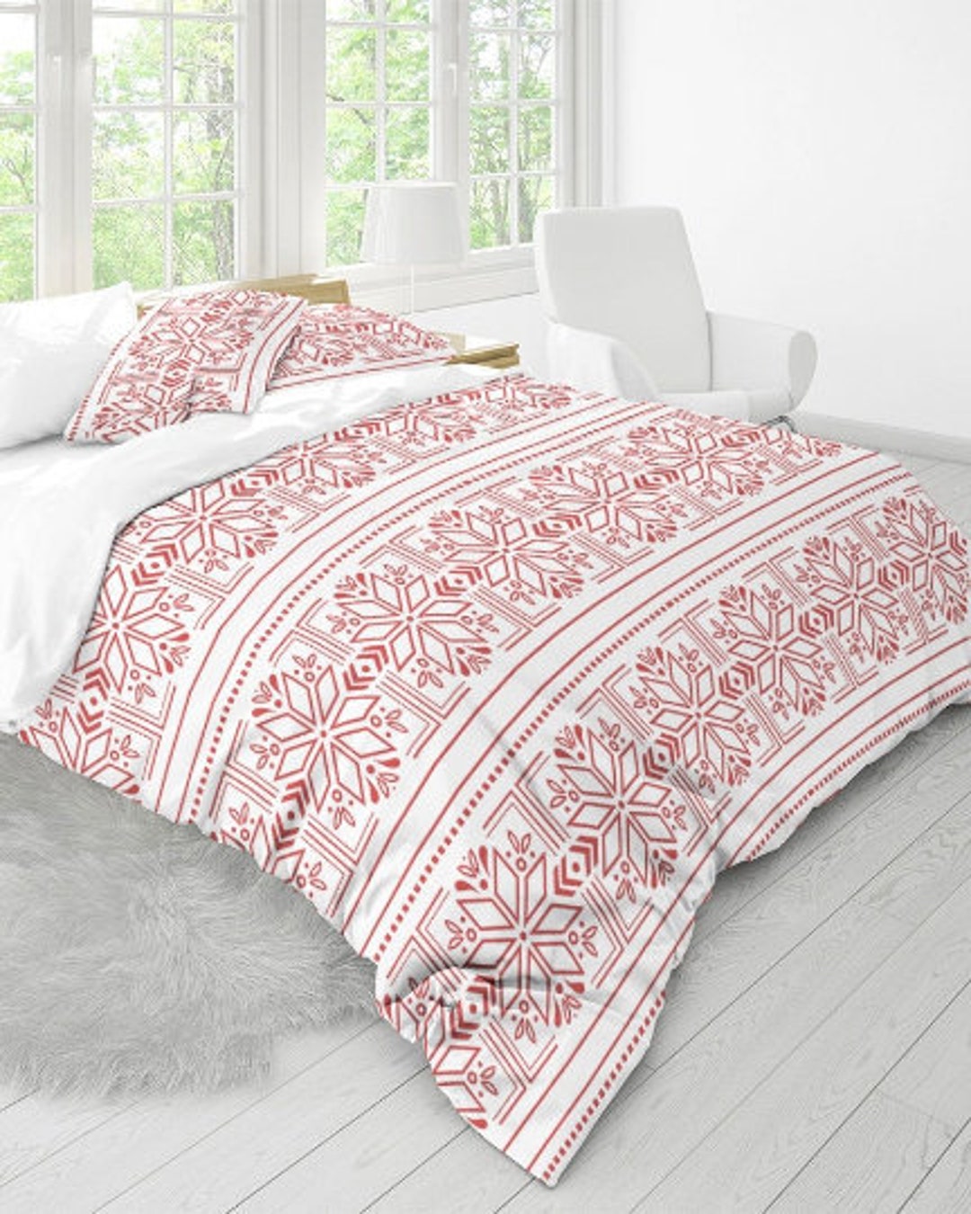 Christmas Bedding Set Red Snowflake 100% Cotton Duvet Covers Queen ...
