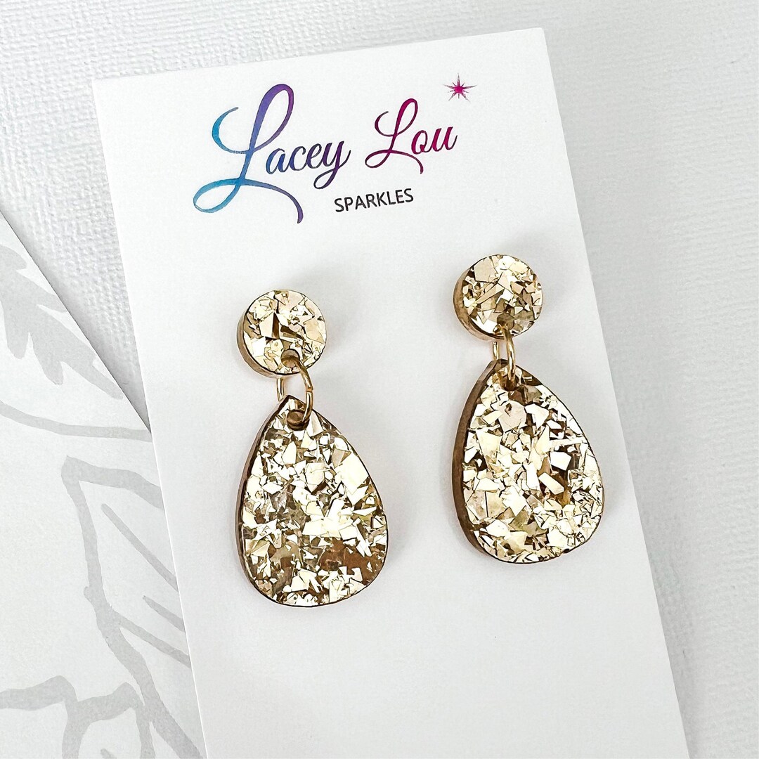 GOLD GLITTER EARRINGS | Small Gold Glitter Teardrop Acrylic Earrings - Etsy