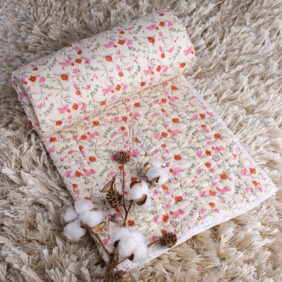 Floral Multi Color Baby Quilt Hand-stitched Kantha Baby Quilt Block ...