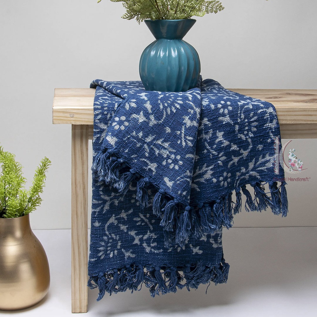 Indigo Blue Floral Cotton Throw Blanket: Hand Block Printed With ...