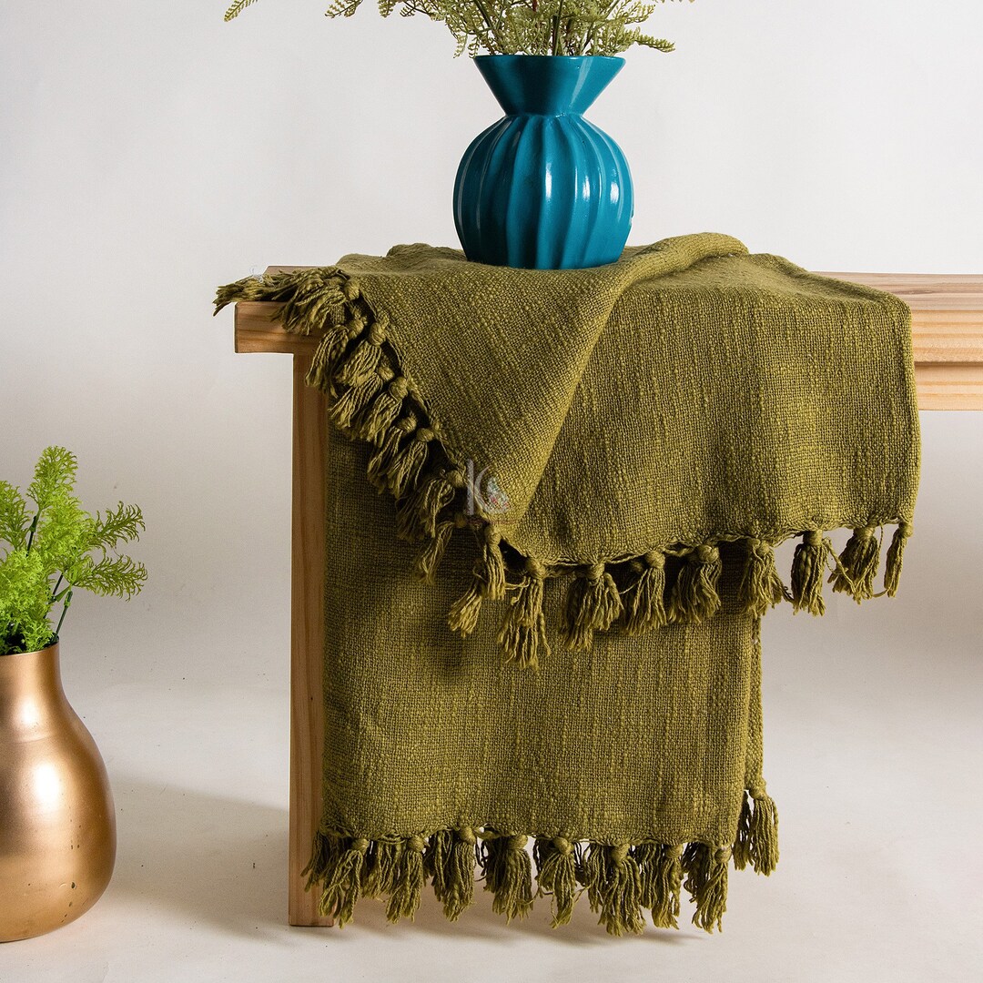 Sage Green Cotton Throw, Hand Loom Throw, Solid Cotton Throw Blanket ...