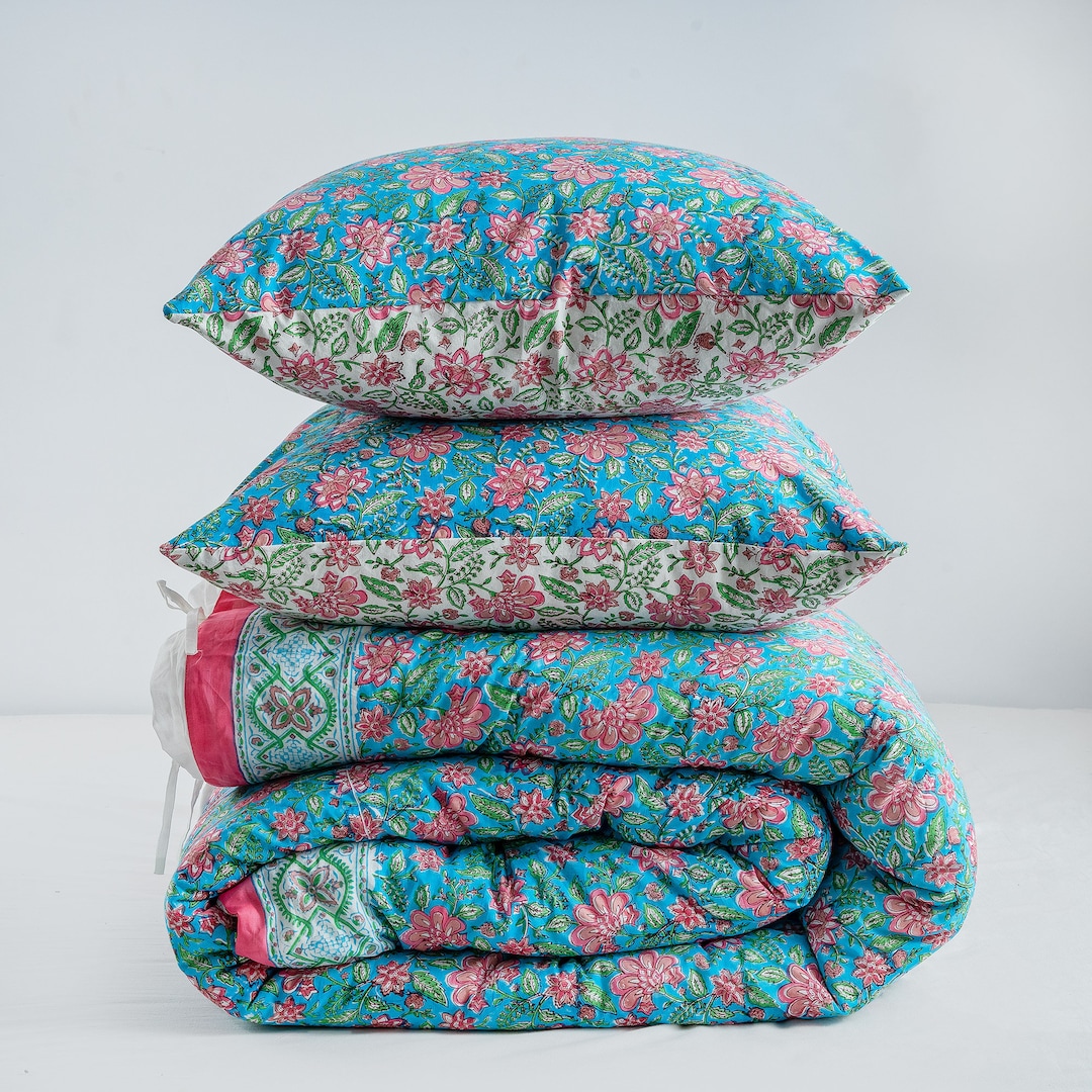 Hand Block Print Cotton Duvet Cover Set: Floral Quilt Cover With Pillow ...