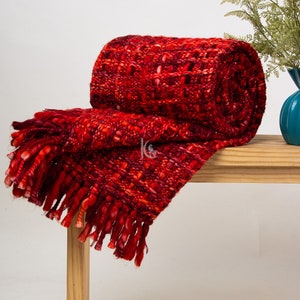 Hand Loomed Wool Throw Blanket: Red Multi-color Sofa Cover (74x52 ...