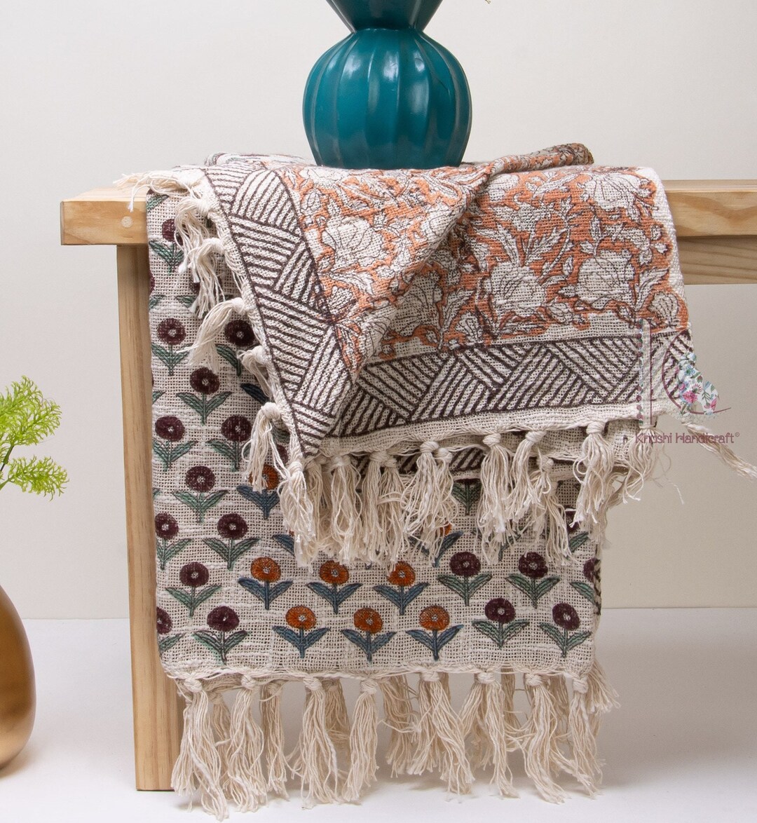 Floral Block Print Cotton Throw Blanket: Hand Loomed Bohemian Sofa ...