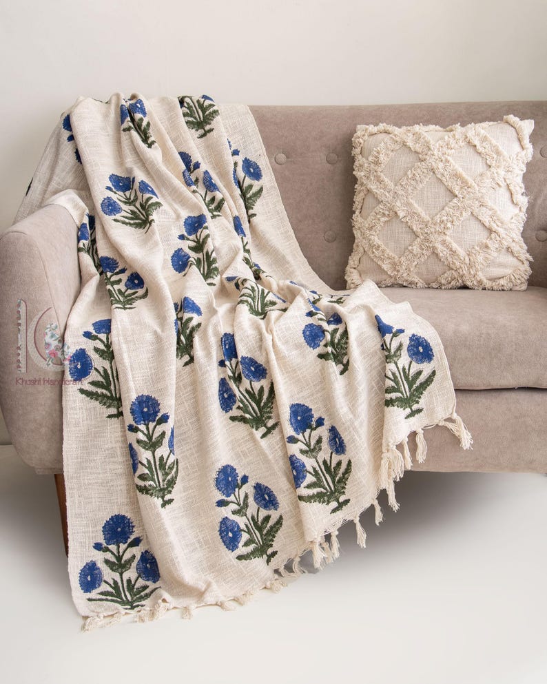 Hand Block Printed Cotton Throw Blanket: Boho Farmhouse Decor CKQ#TH05 ...