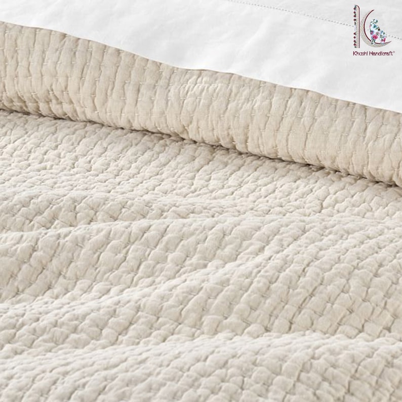 Solid Sand Color Cotton Kantha Quilt, Handmade Quilt, Natural Kantha ...
