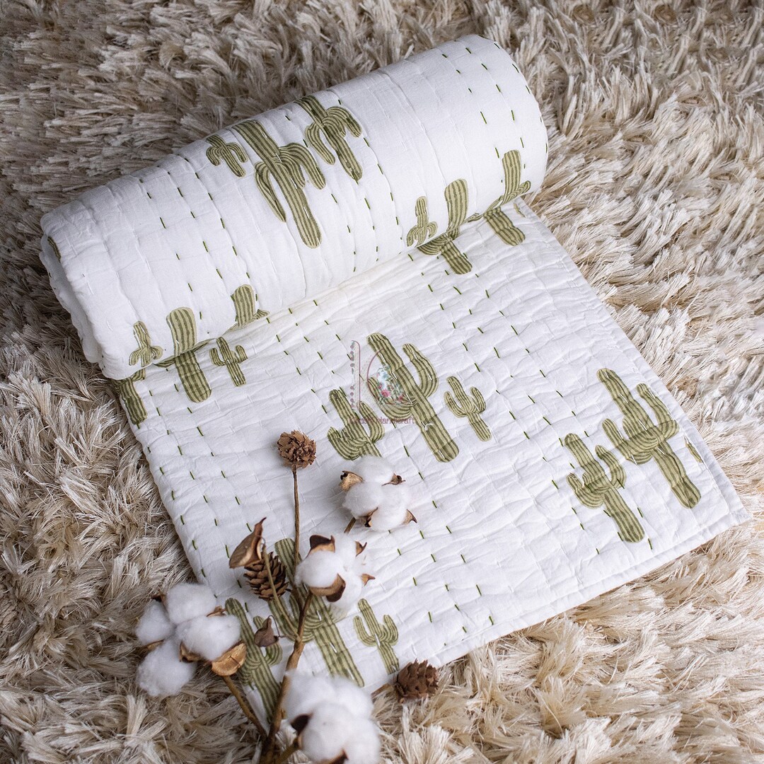 Green Cactus Baby Quilt Hand-stitched Kantha Quilt Block Print Muslin ...