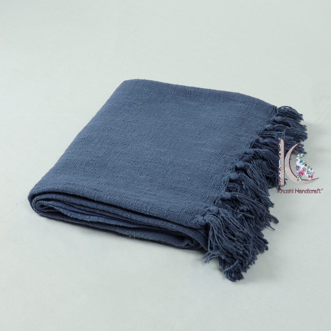 Hand Wovan Solid Blue Cotton Throw Knit Blanket Woven Throw Twin ...