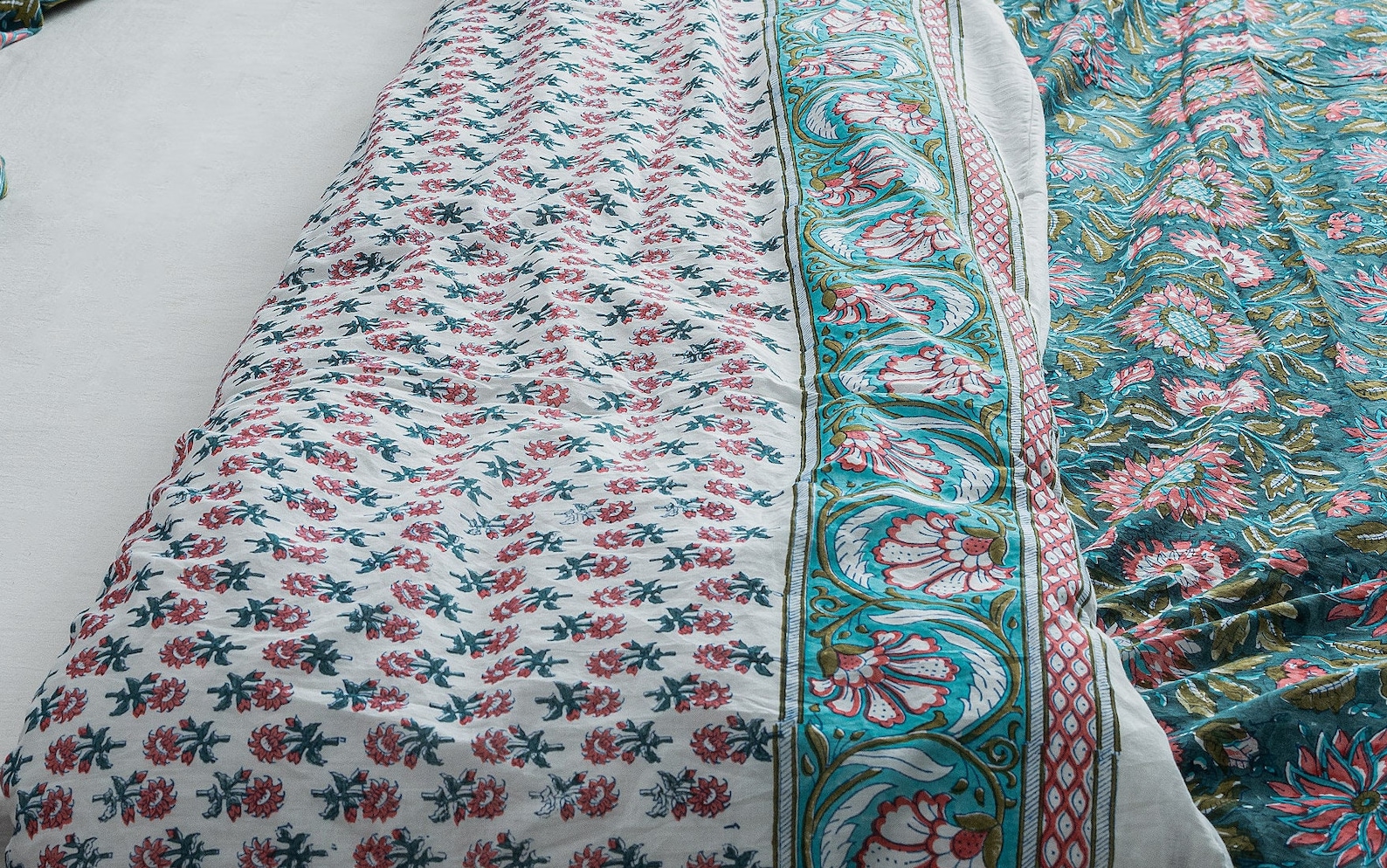 Hand Block Print Cotton Duvet Cover: Green Pink Floral Quilt - Etsy