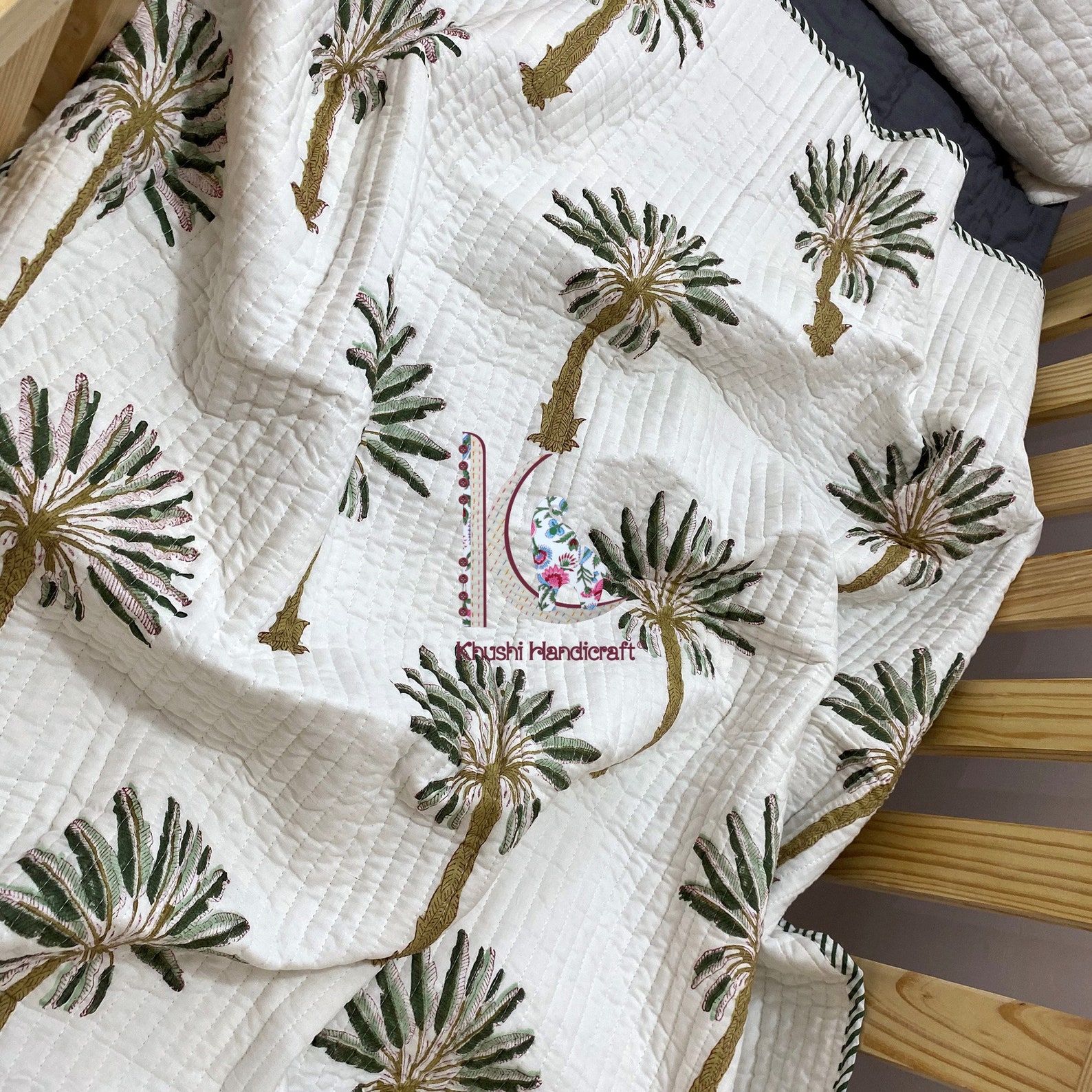 Handmade Palm Tree Baby Quilt: Organic Cotton Boho Blanket, Hand Block ...