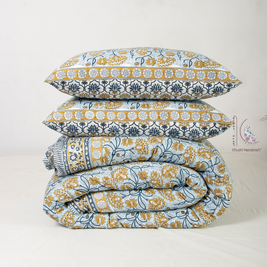 Hand Block Print Cotton Duvet Cover Set: Mustard Blue Floral Bedding ...