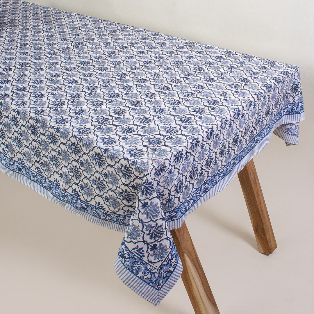 Indigo Blue Table Cover, Hand Block Printed Cotton Tablecloth, Indian ...