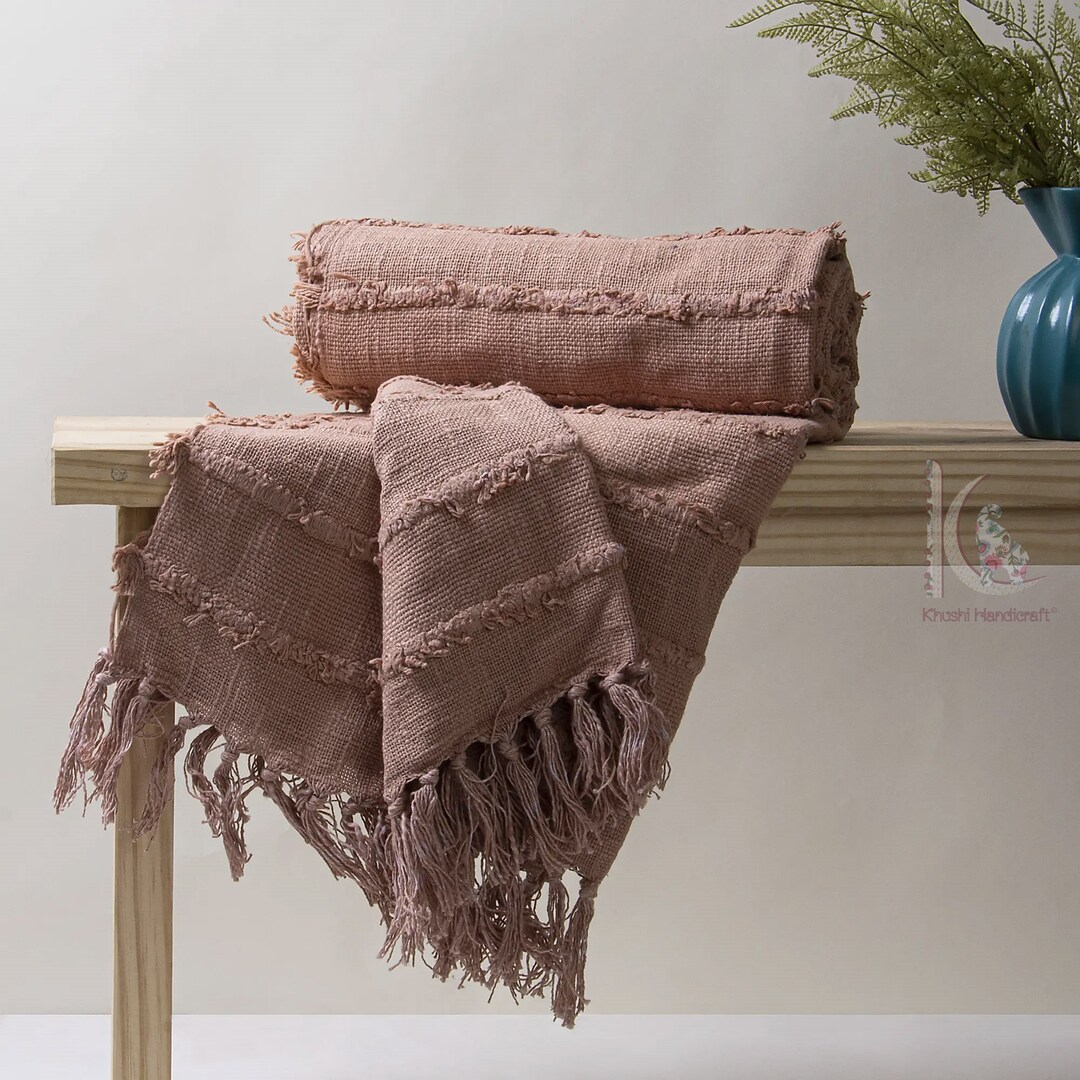 Cotton Throw, Loom Fabric Handmade Blanket, Hand Wovan Peach Color ...