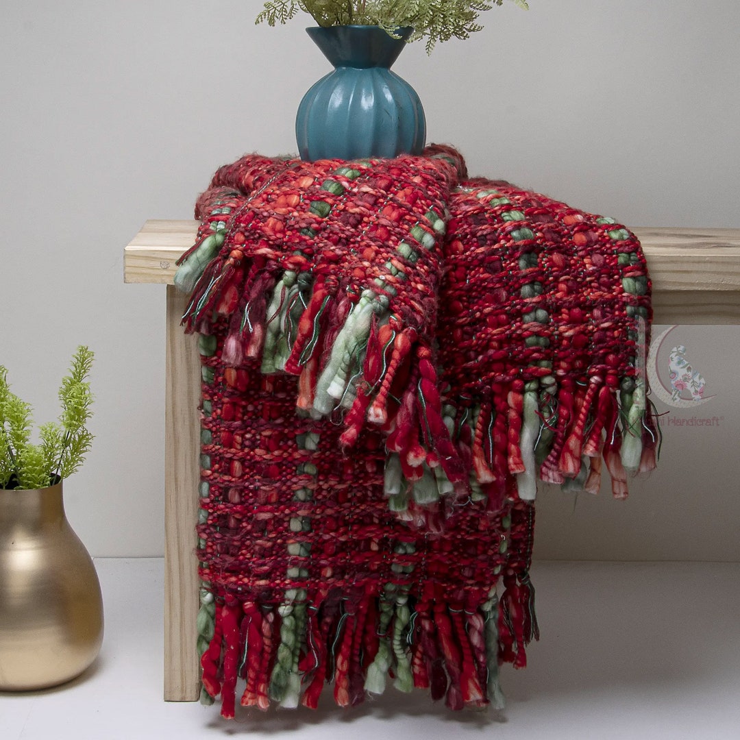 Hand Loomed Wool Throw Blanket: Red Multi-color Sofa Cover (74x52 ...