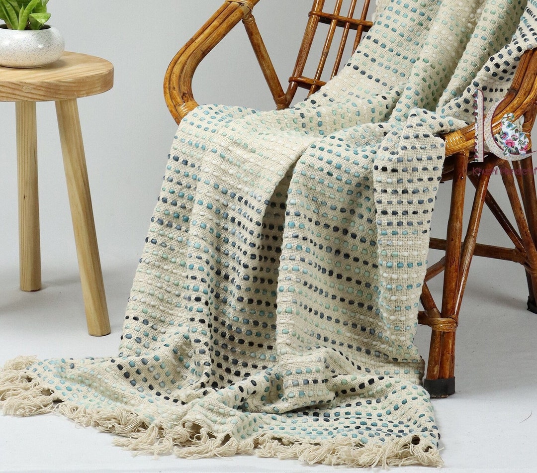 Blue Color Hand Woven Cotton Throw Blanket With Tassels, Indigo Blue ...