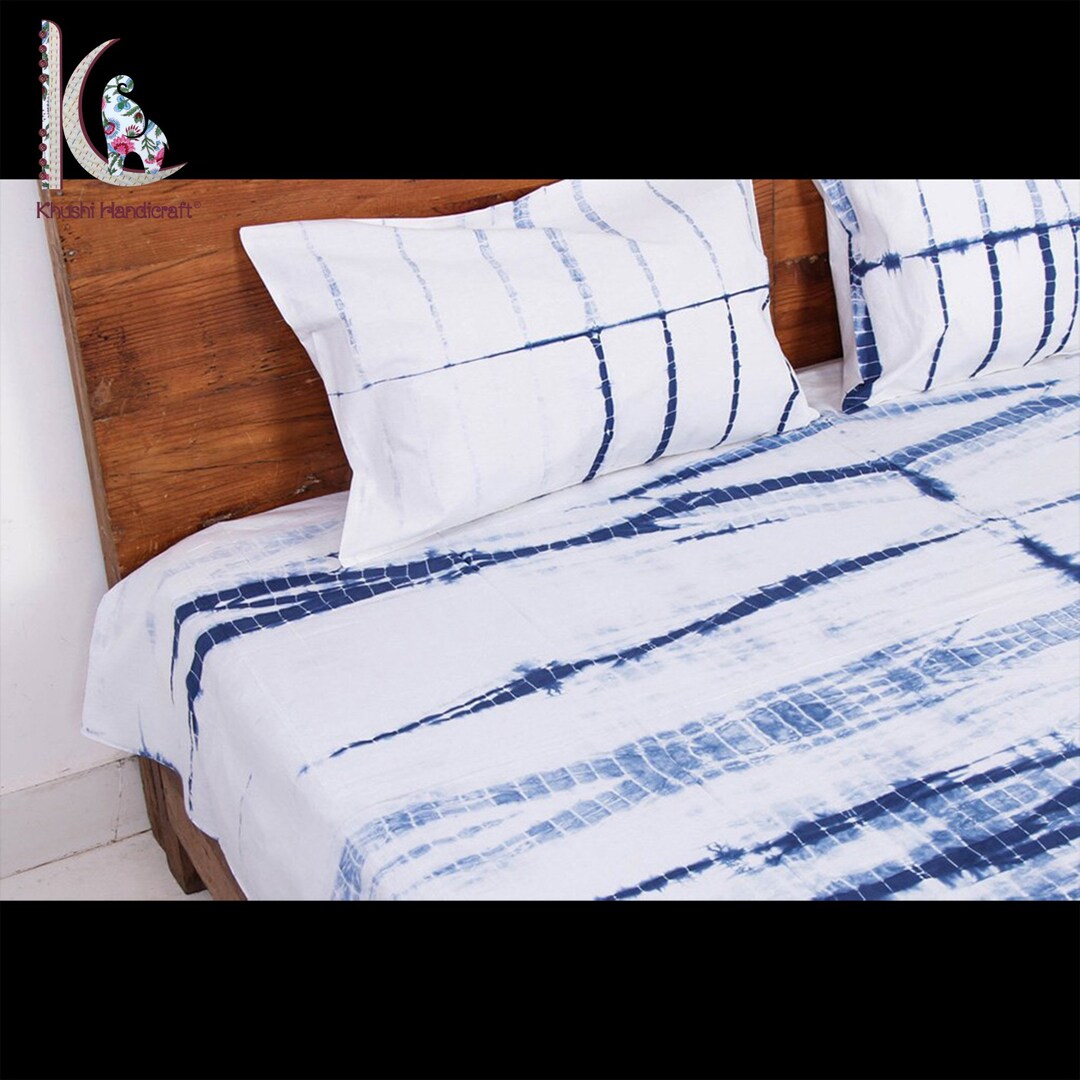 Hand Dyed Indigo Blue Tie Dye Cotton Sheet Sets Shibori Natural Hand ...