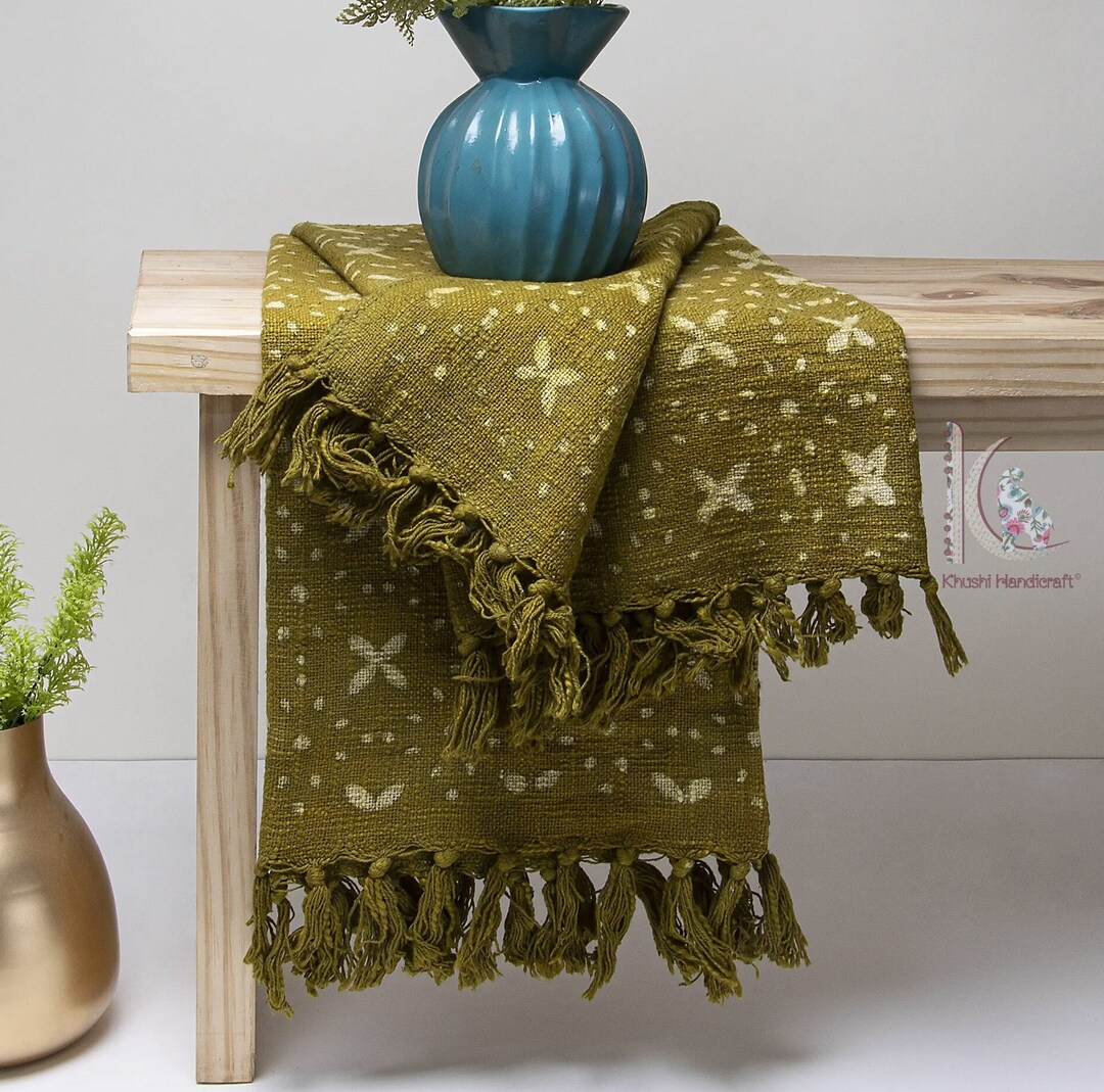 India Cotton Blanket, Olive Green Block Print Throw, Cotton Sofa Throw ...