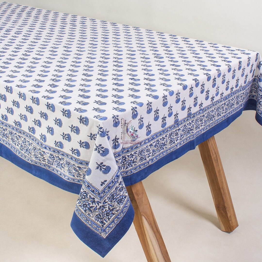 Floral Print Table Cover, Hand Block Printed Tablecloth, Blue Color ...