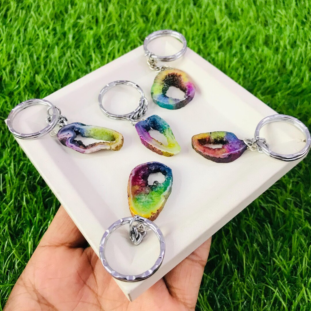5 Pieces Solar Quartz Slice Keychains: Natural Agate Gemstone Keyrings ...