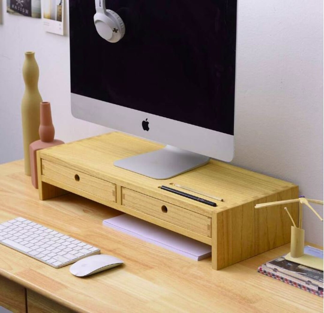 Wood Monitor Stand With 2 Drawers Computer Arm Riser Desk Storage ...