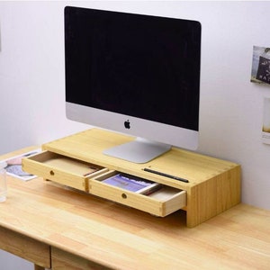Wood Monitor Stand With 2 Drawers Computer Arm Riser Desk Storage ...