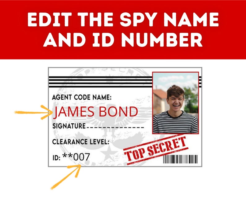 Spy Birthday Party ID Badge: Editable Secret Agent Photo (instant ...