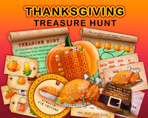 Thanksgiving scavenger hunt, treasure hunt clues. Fun themed colourful ...