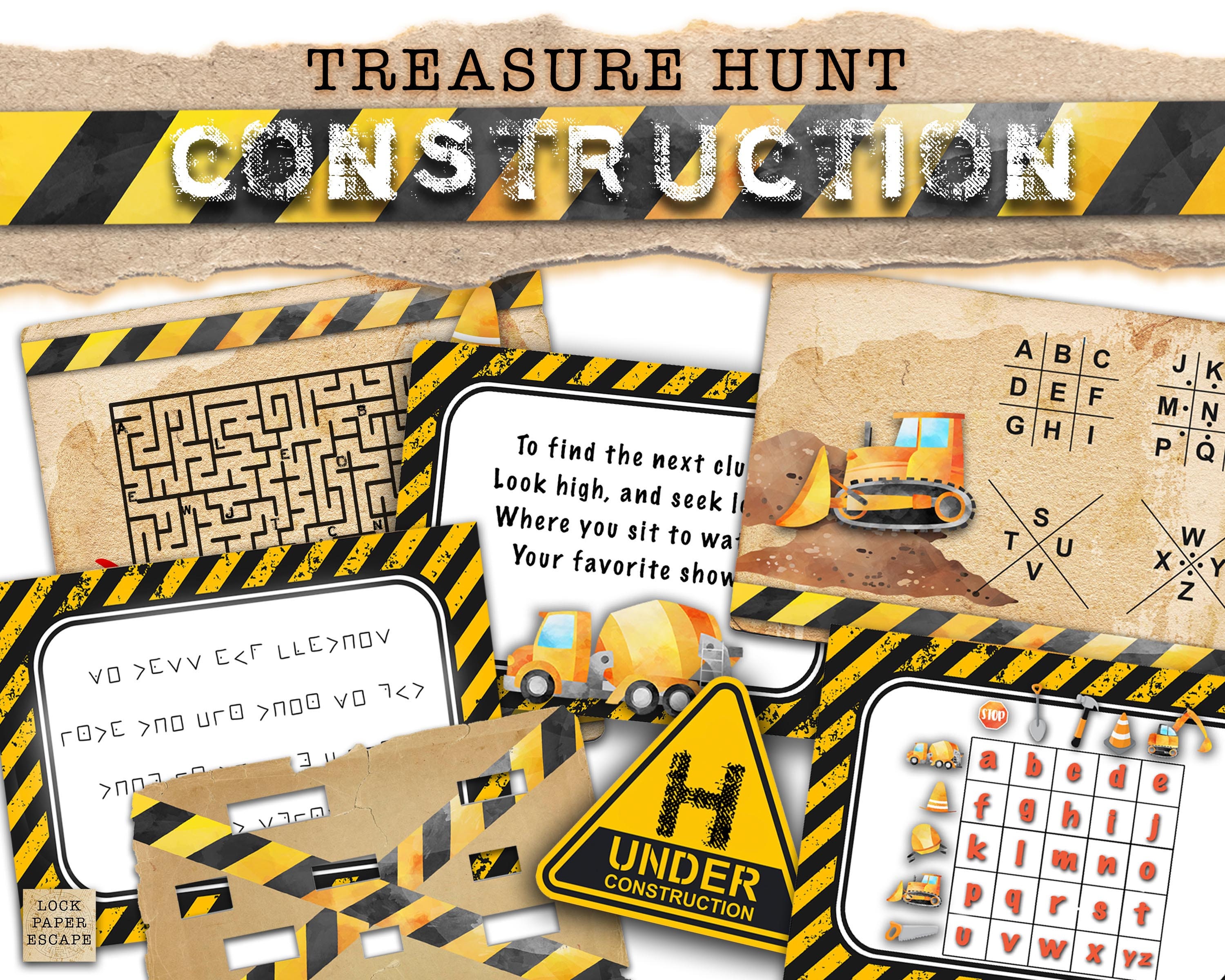 Treasure Hunt Construction Party Game. Solve Puzzles and - Etsy