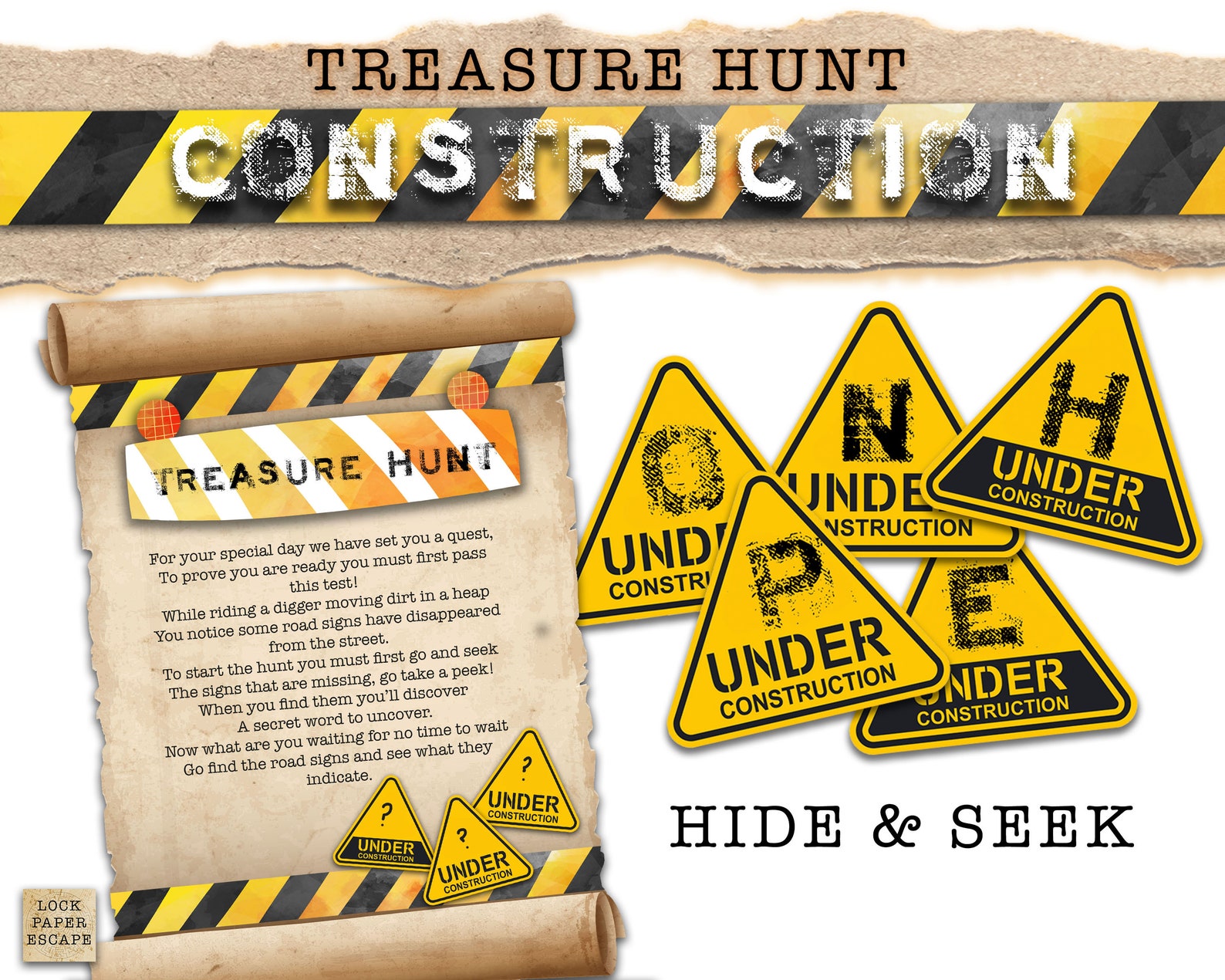 Treasure hunt construction party game. Solve puzzles and | Etsy