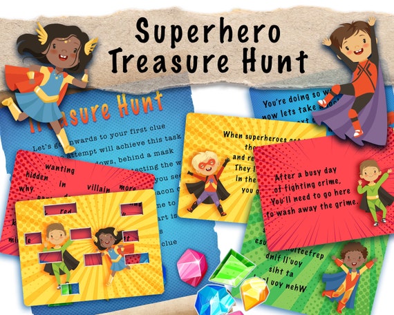 Birthday treasure hunt clues. Superhero scavenger hunt clues. Colourful ...