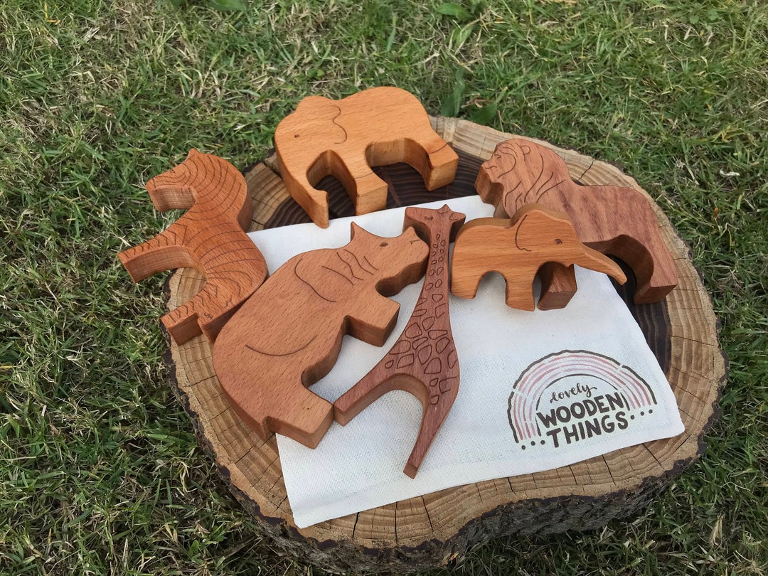 African Wooden Animals Play Set, Wooden Zoo Animals, Wooden Animals ...